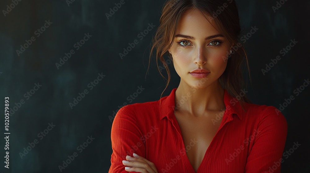 beautiful confident woman with arms crossed, serious look on her face ...