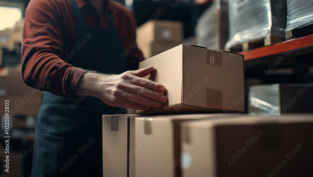 Warehouse Worker Stacking Cardboard Boxes on a Shelf, Highlighting ...
