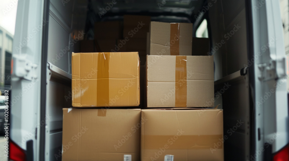 Delivery van loaded with neatly stacked cardboard boxes ready for ...