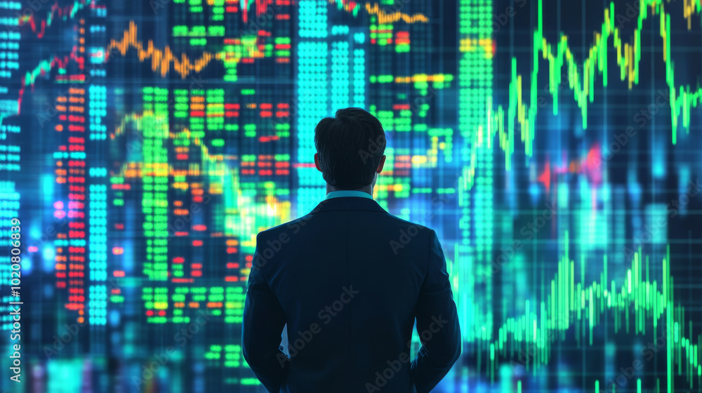 Time-traveling economist analyzing fluctuating stock prices across ...