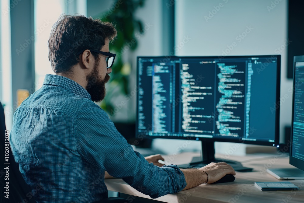 A focused programmer works on coding in front of dual monitors ...