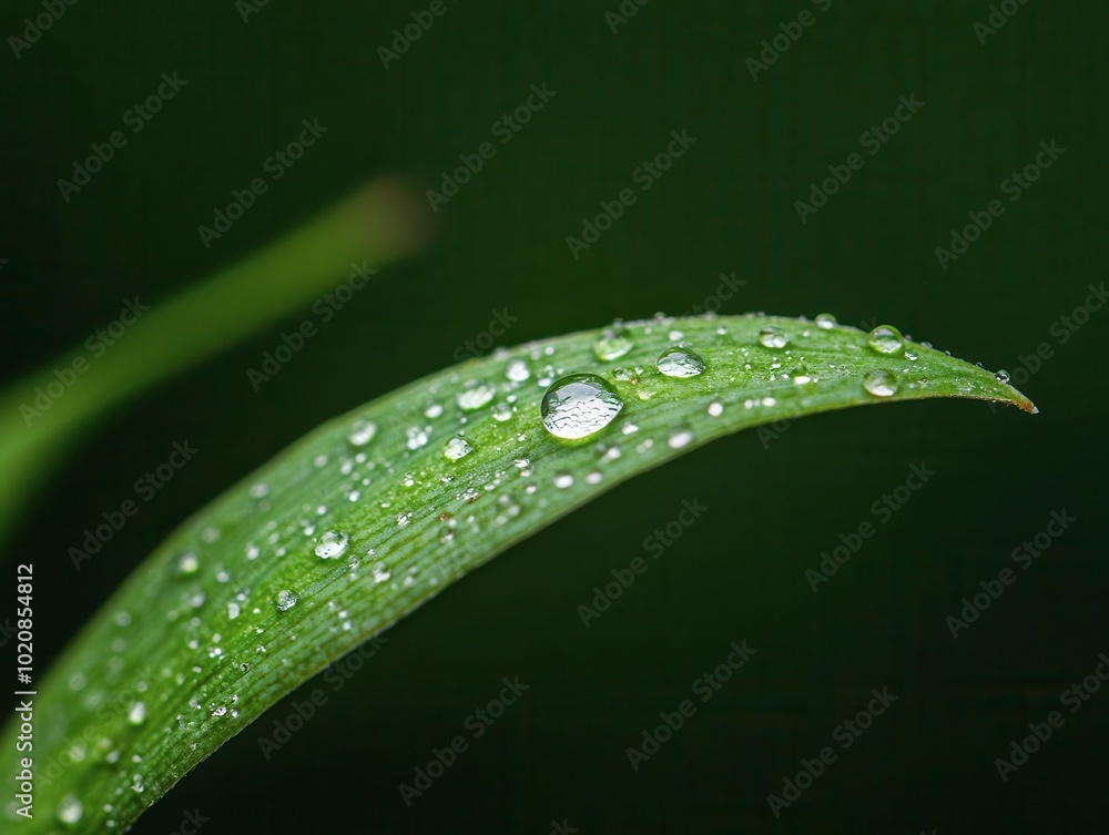 Raindrop forming on a leaf tip, suspended in balance before falling ...