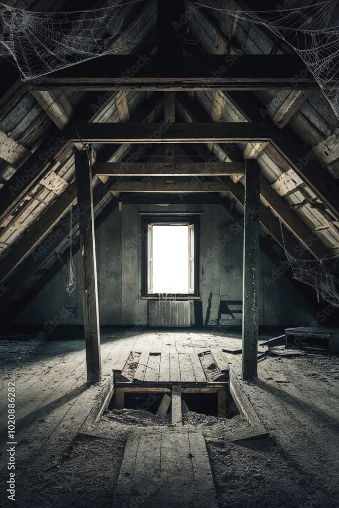 Eerie Abandoned Attic: Ghostly Wooden Shack Interior Filled with ...
