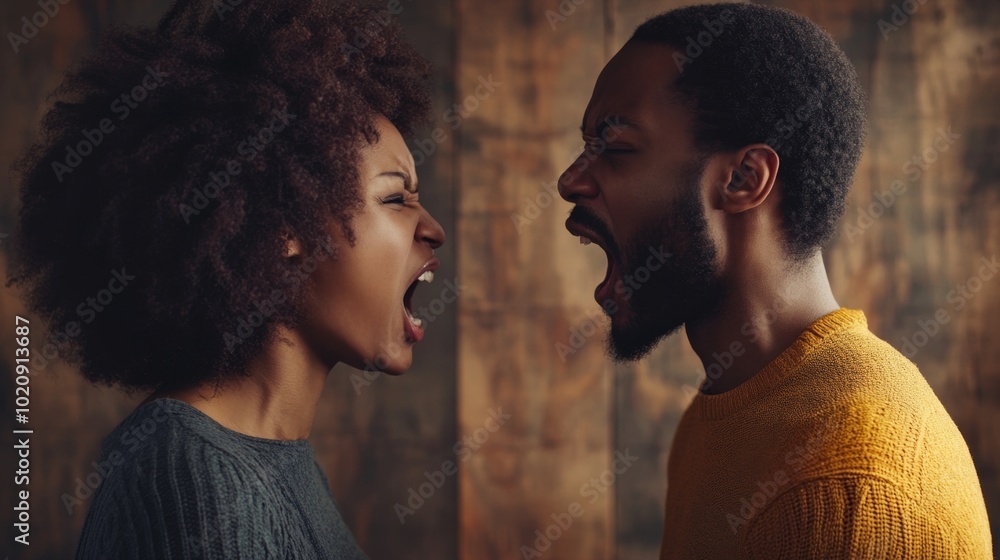 African American black couple arguing and yelling at each other ...