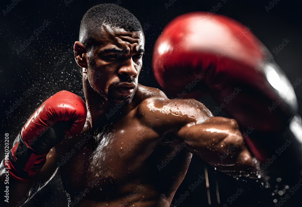 A boxer throws a straight punch, his boxing suit soaked with sweat, the ...