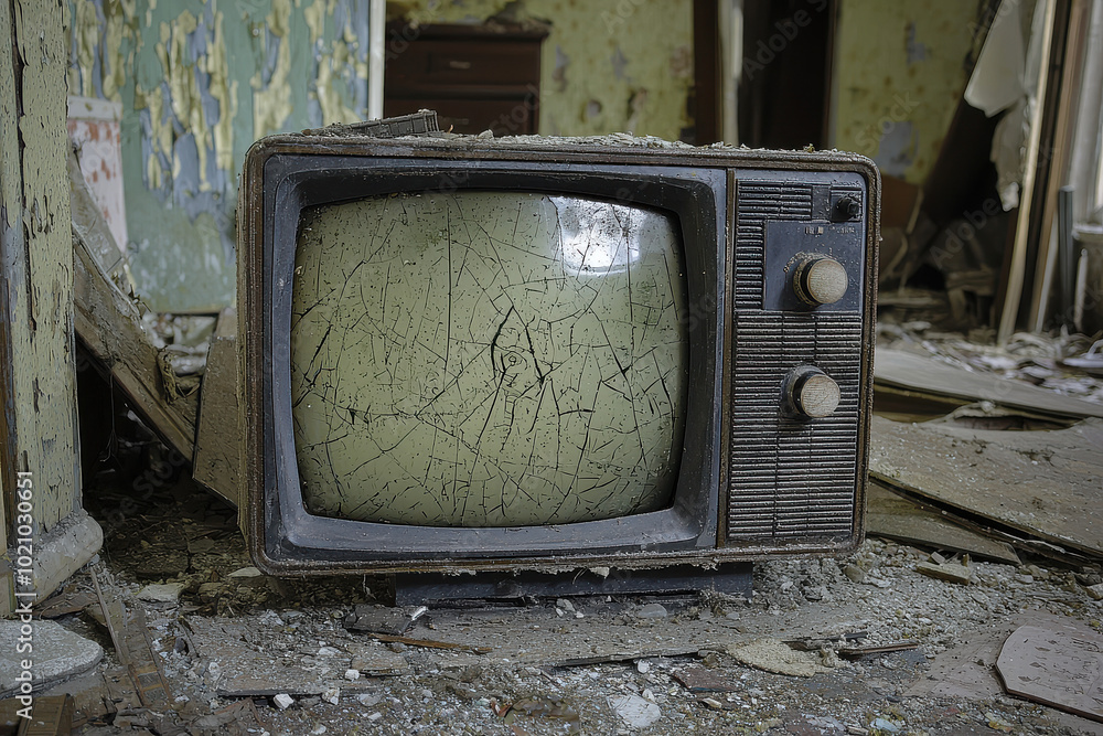 A vintage television set with a cracked screen stands in an abandoned ...