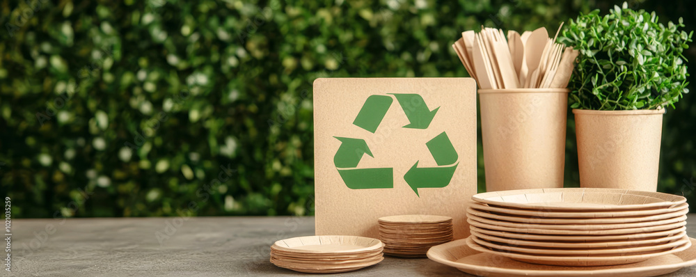 Eco-friendly dining setup featuring recyclable items, natural utensils ...
