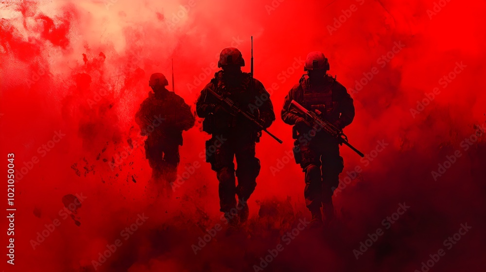 Stealthy Soldiers Advancing in Shrouded Battlefield with Fiery Red ...