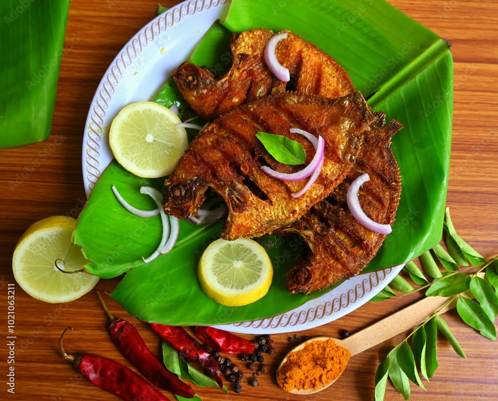 Spicy fish fry, Kerala famous pearl spot fry known as karimeen fry ...