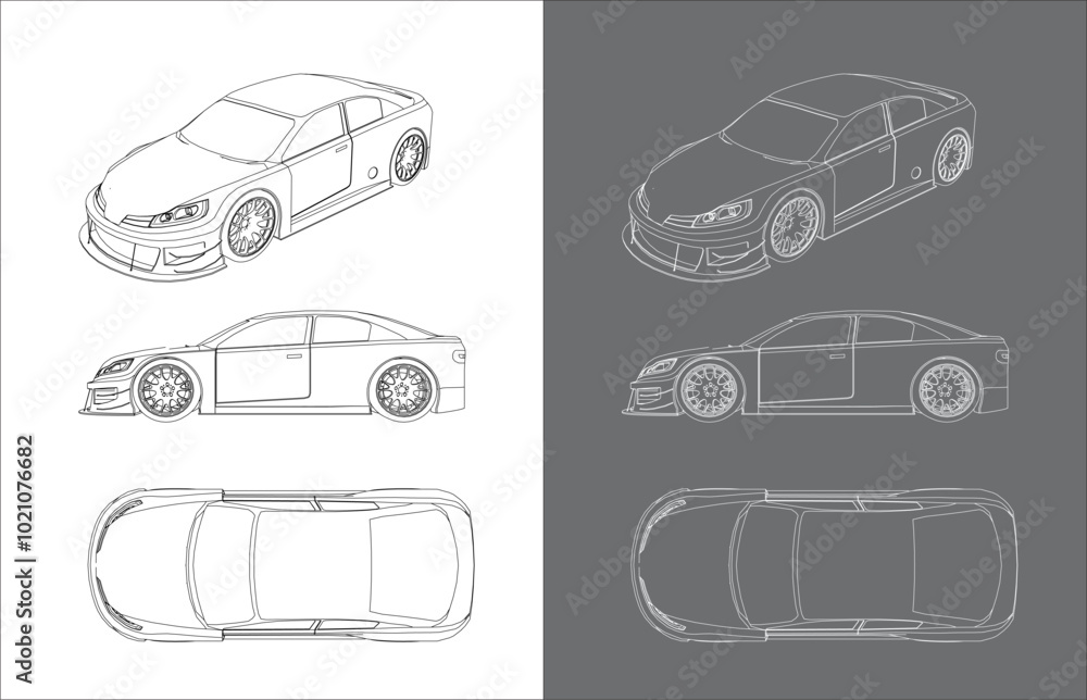 vector racing car line art draw blueprint wireframe from all view top ...