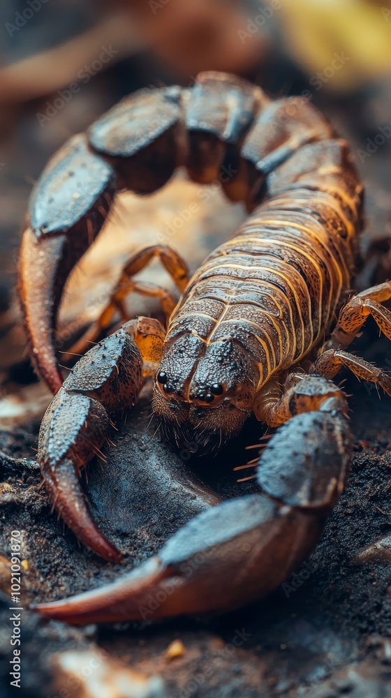 Macro shot of a desert scorpion with its curved tail and powerful claws ...