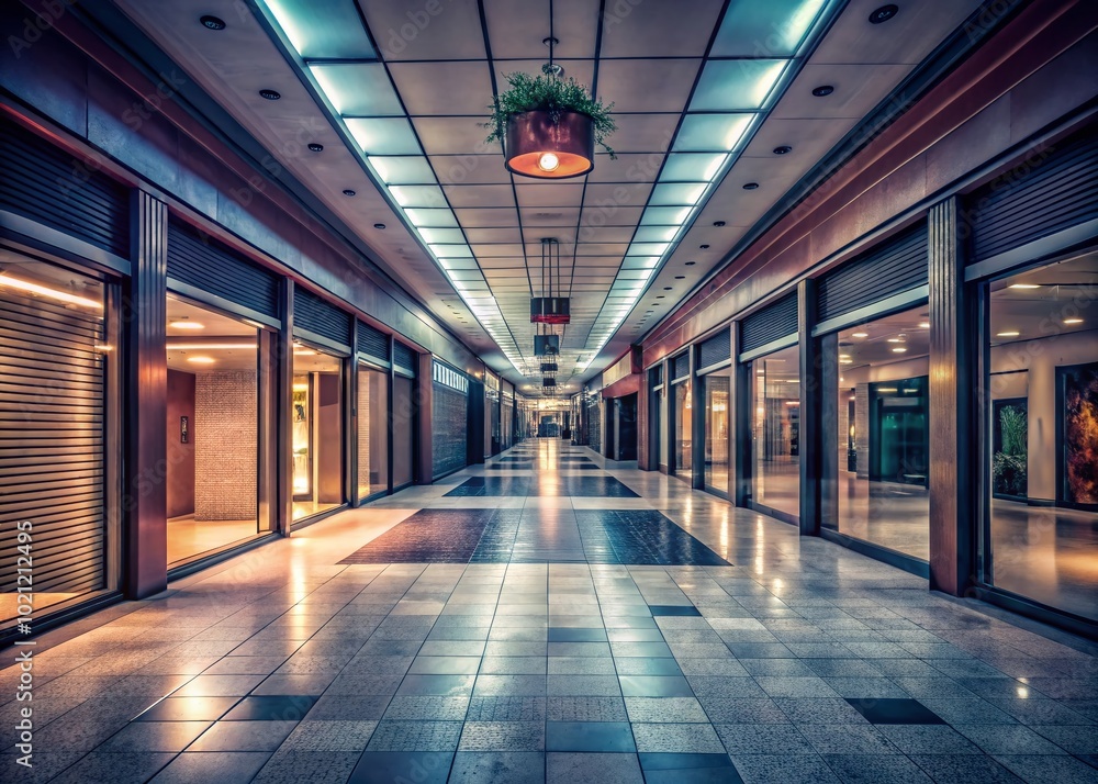 Abandoned Mall Corridor with Empty Stores and Dim Lighting Creating an ...