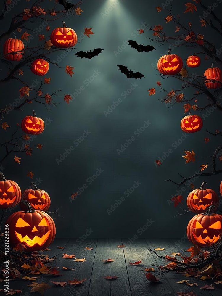 Spooky halloween party decor: empty stage with jack-o'-lanterns bats ...
