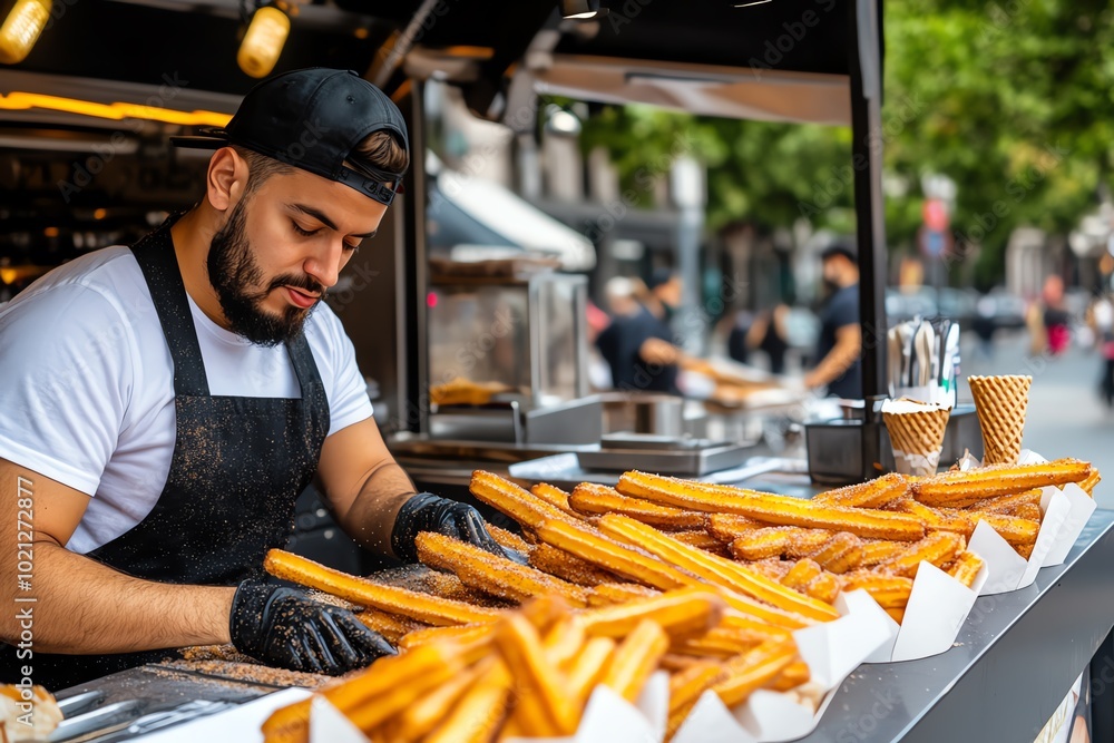 A vendor making churros at a street stall, frying the dough and coating ...