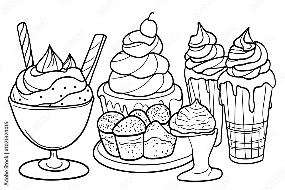Dessert, coloring page for kids, line art, black and white. Stock ...