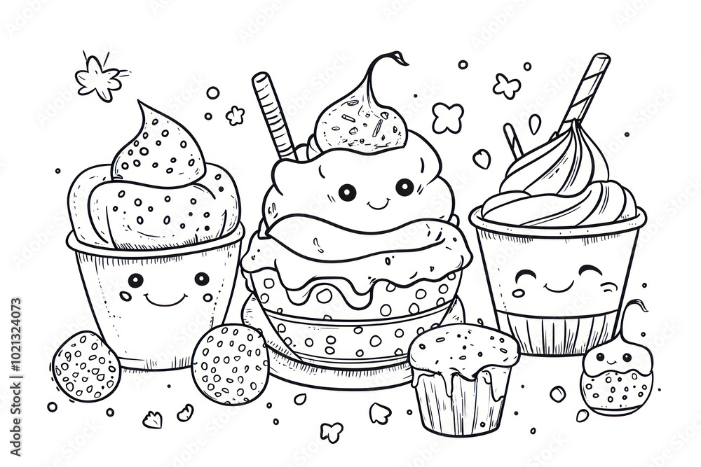 Dessert, coloring page for kids, line art, black and white. Stock ...