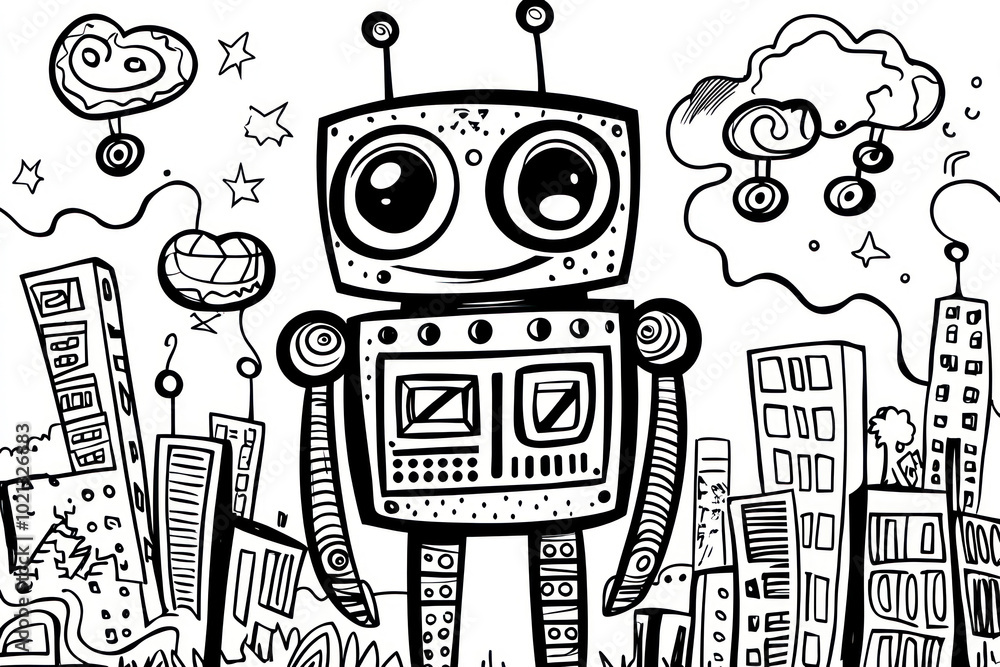 Robot, coloring page for kids, line art, black and white. Stock ...