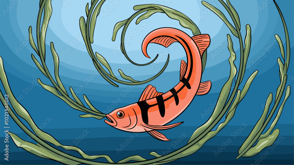 Cartoon fish swimming in circular motion, forming mesmerizing spiral ...