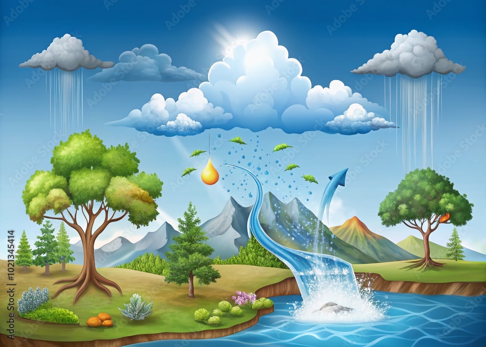 Detailed Water Cycle Diagram Illustrating Evaporation, Condensation ...