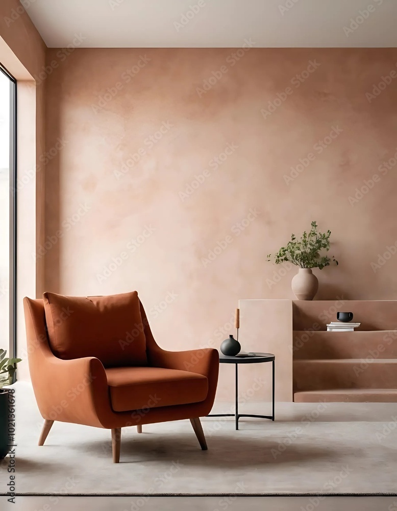 Terra cotta accent armchair in spacious room with steps and stucco wall ...