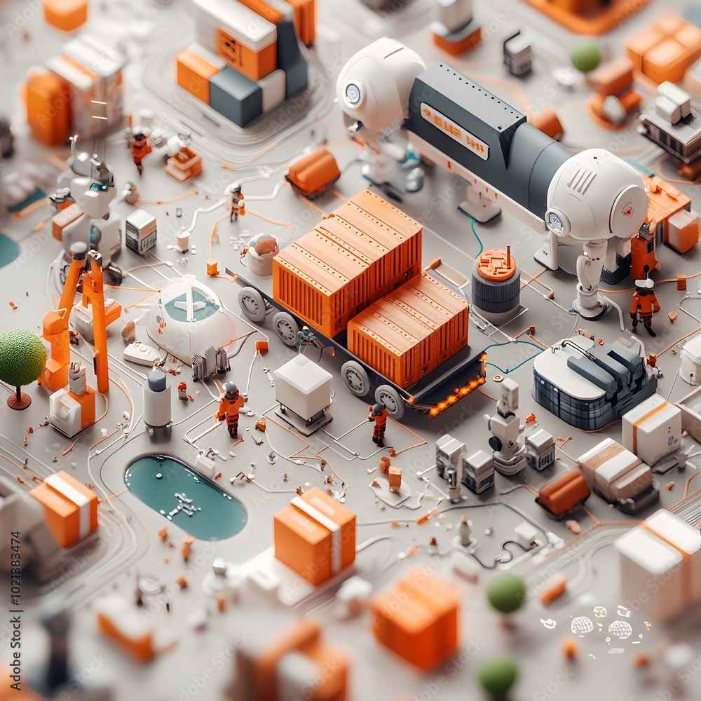 Futuristic AI powered logistics hub with a bustling 3D visualization of ...