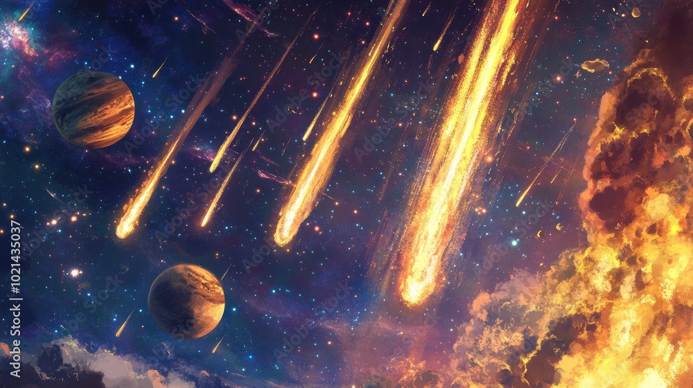 Cartoon depiction of asteroids comets and meteors with trails featuring ...