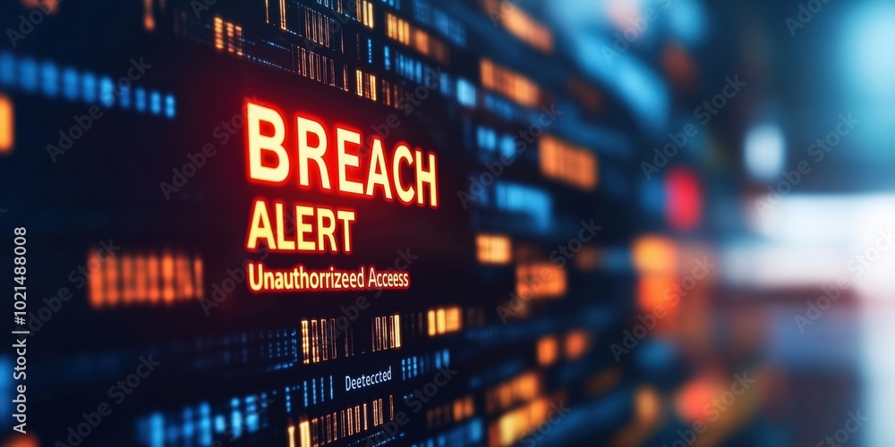 A data breach concept - the words "breach alert" on a screen. Internet ...