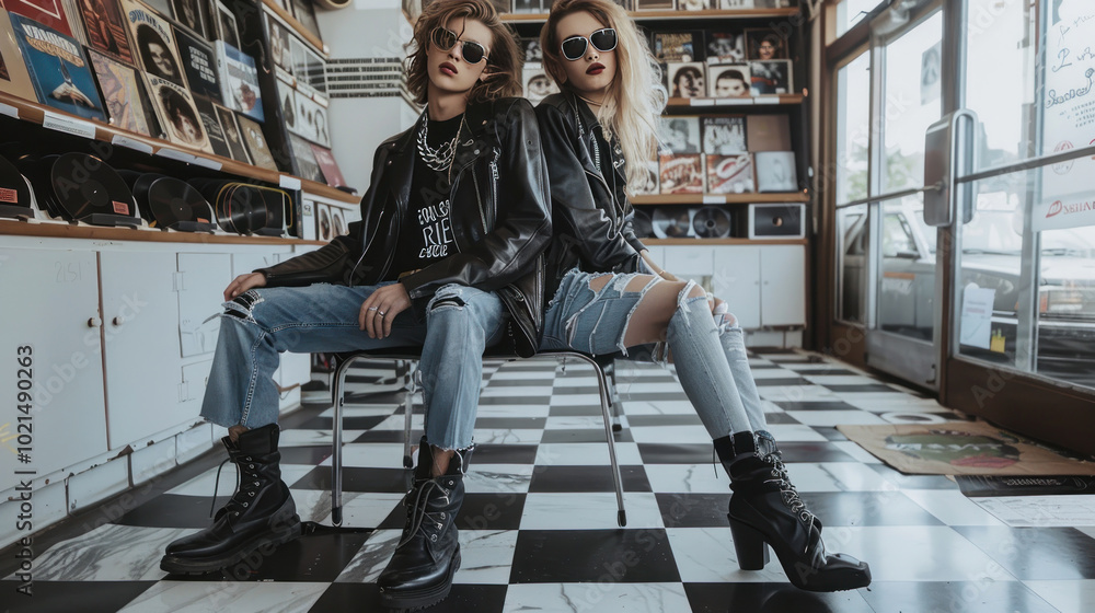 Retro fashion look inspired by 1970s rock and roll culture, with ...