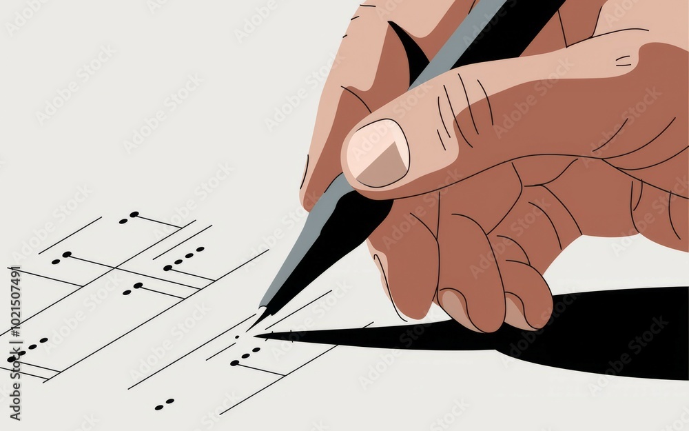 Writing music notes. Hand writing music notes on sheet paper with a pen ...
