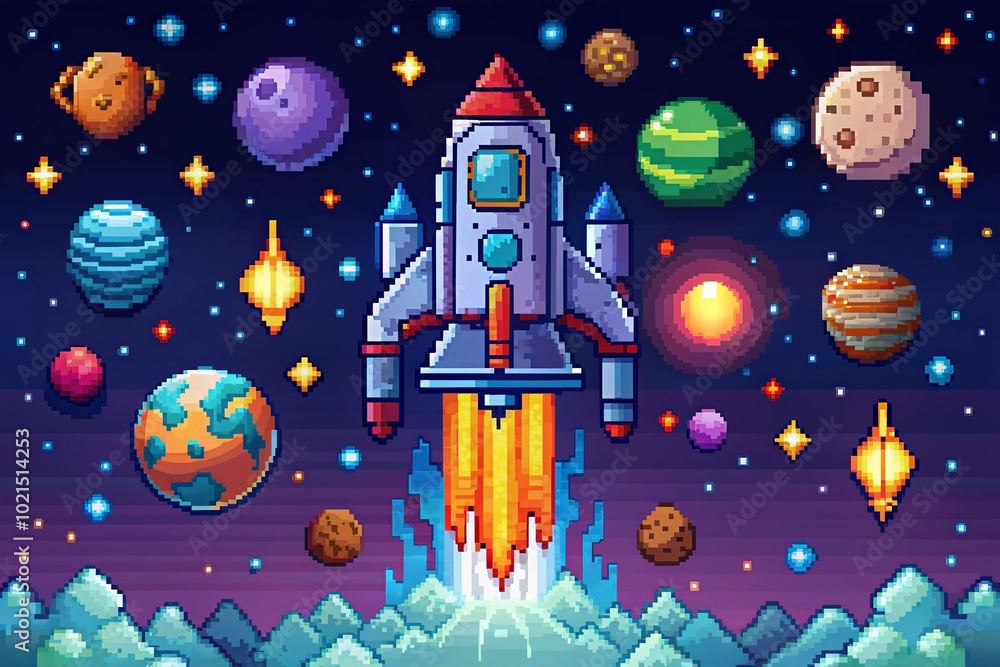 Retro 2D Spaceship Game Illustration with Colorful Background and Pixel ...