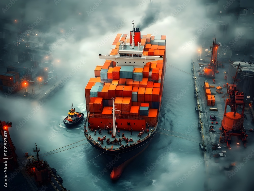 Mighty Tugboat Steering Colossal Container Ship Through Bustling ...