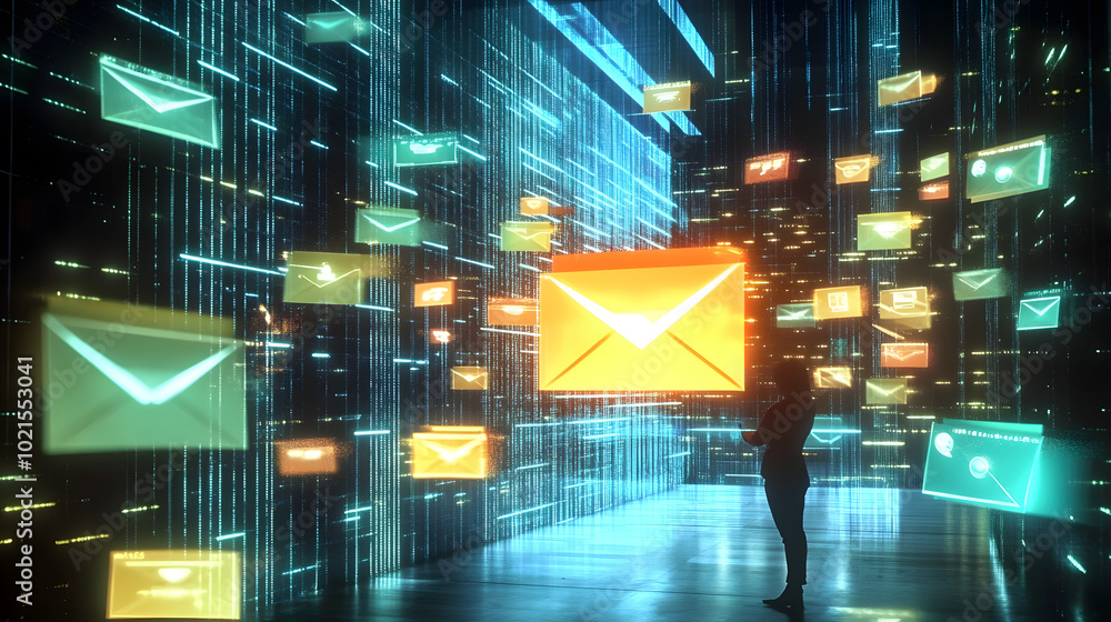 An email interface projected on a large virtual board with digital post ...