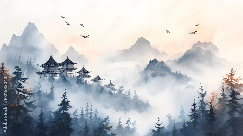 Chinese landscape painting, with mountains and water, trees on the ...