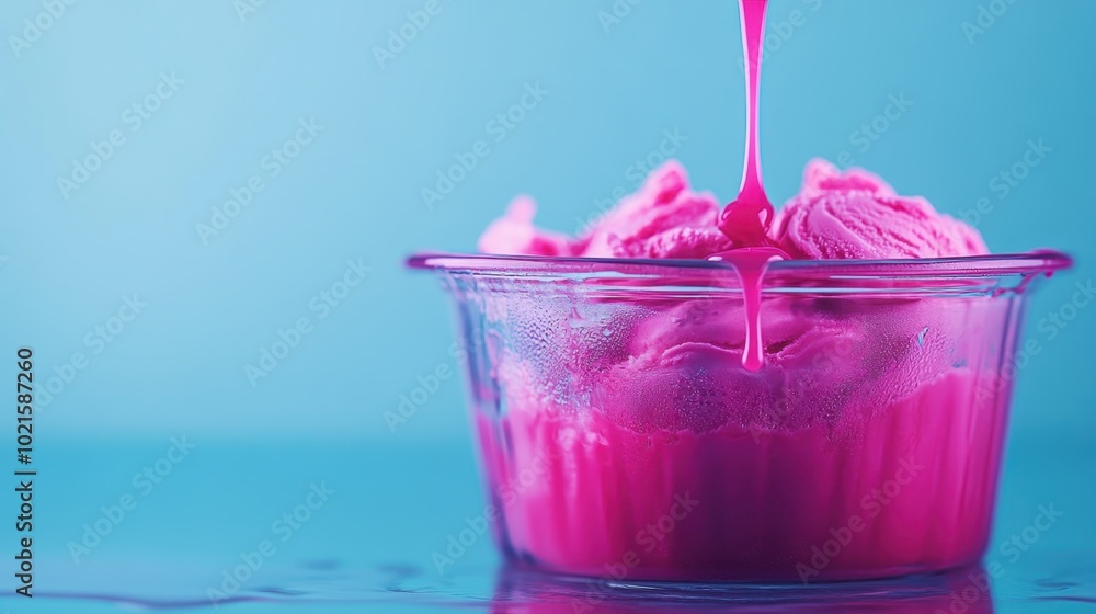 Pink syrup pours over scoops of ice cream in a glass bowl against a ...