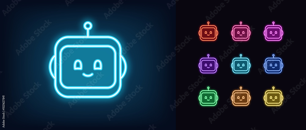 Outline neon chat bot icon set. Glowing neon robot face with cute smile ...