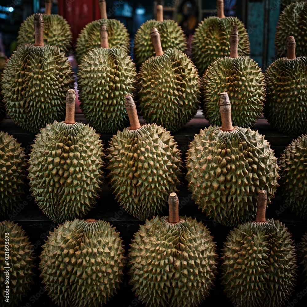 a durian vendor at a bustling Thai market, with stacks of durians piled ...