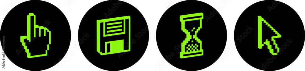 Vector de Stock Set of 3D pixel elements. Hand click cursor. Mouse arrow pointer icon. Diskette ...