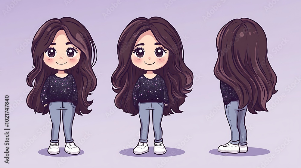 Cute cartoon girl character in different poses, front, side and back ...