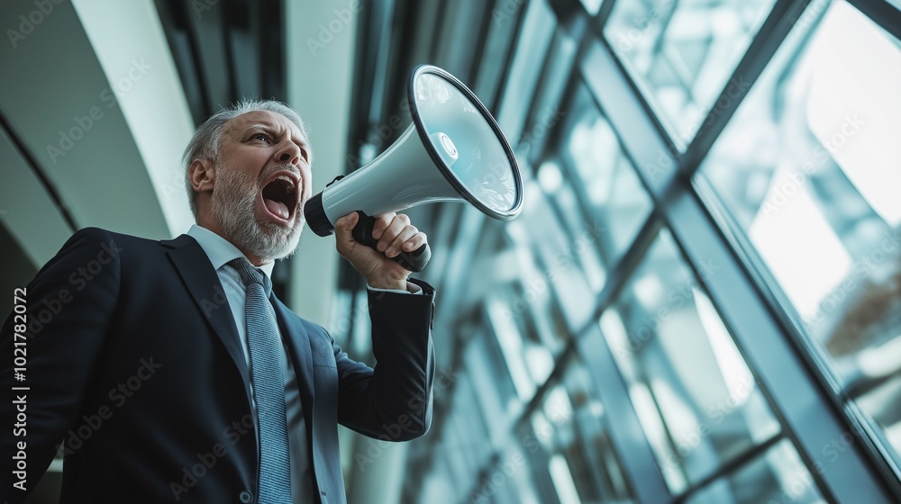 Confident businessman in tailored suit shouting through a megaphone in ...