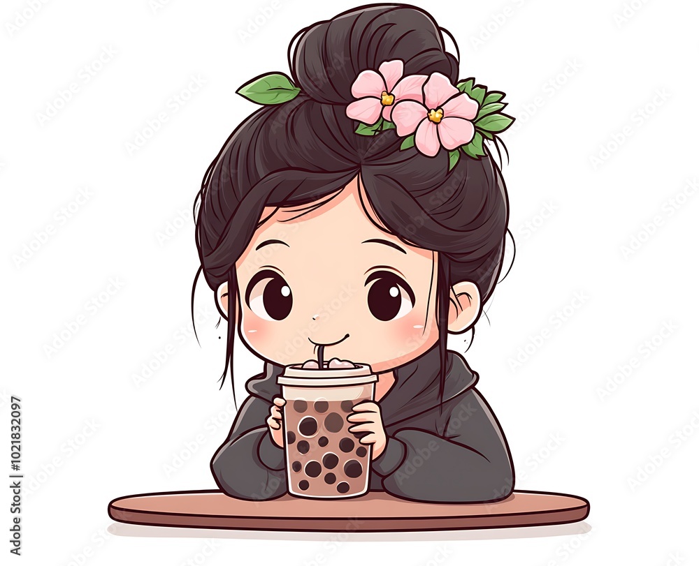 Cute anime girl with big eyes and bun hairstyle drinking boba tea Stock ...