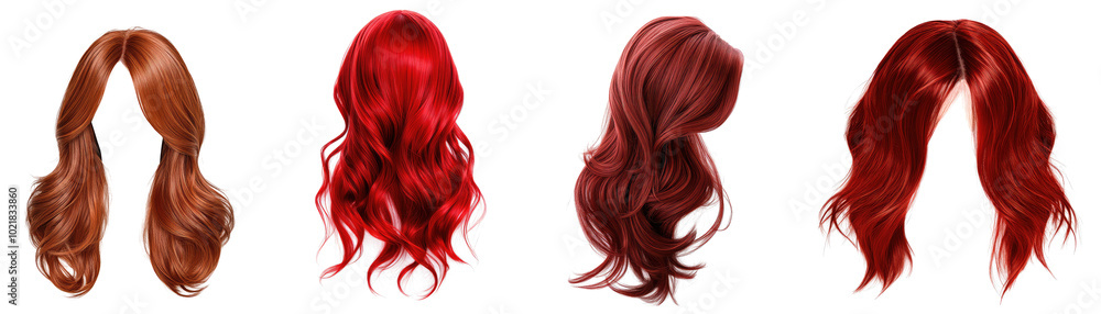 Female wavy red hair set collection on transparent cutout background ...