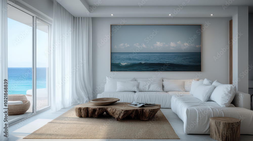 Minimalist coastal living room with a white sofa, jute rug, and ...