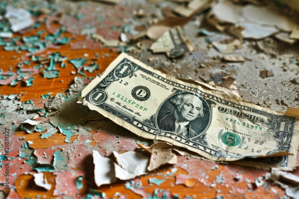 Tattered one dollar bill is lying on a dirty floor with peeling paint ...