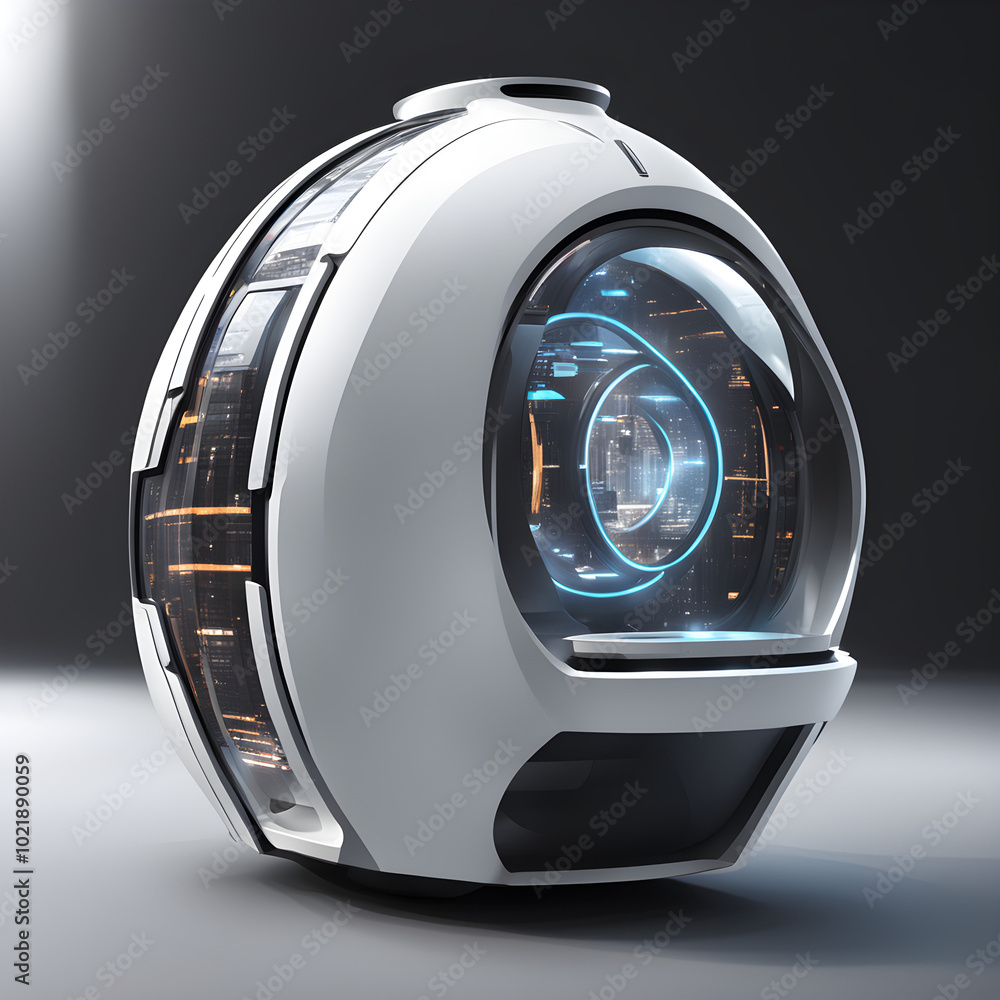 This futuristic city scene features a time machine capsule designed for ...