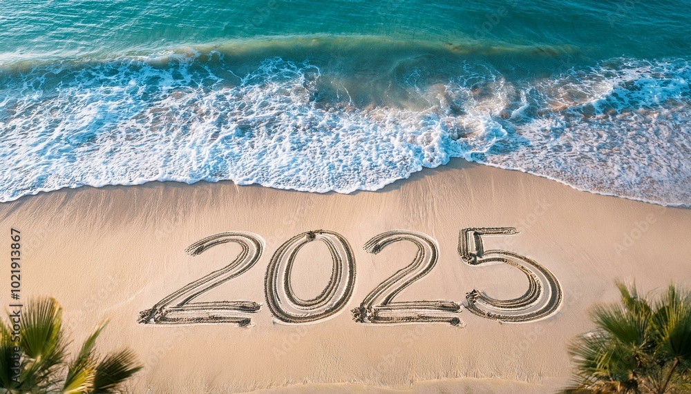Happy New Year postcard, 2025 digits on the sea beach. Abstract ...