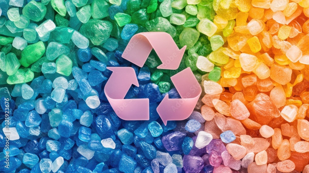 Colorful recycled plastic granules with symbol on vibrant spectrum ...