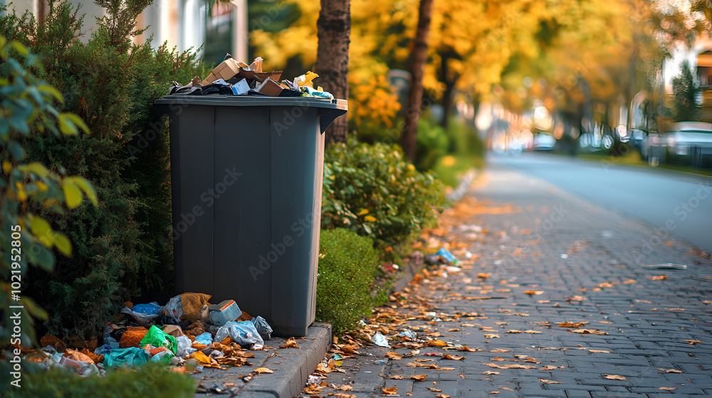 Foto de Stock calle de la ciudad con un bote de basura lleno y desechos ...