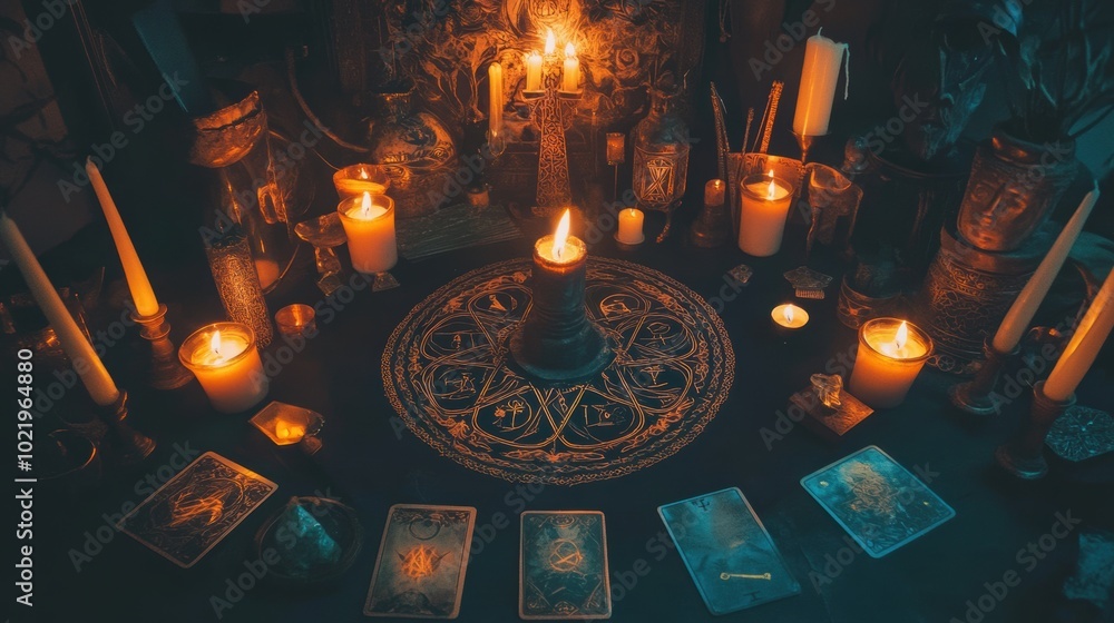 Altar filled with occult symbols, candles in a circle, Tarot cards ...