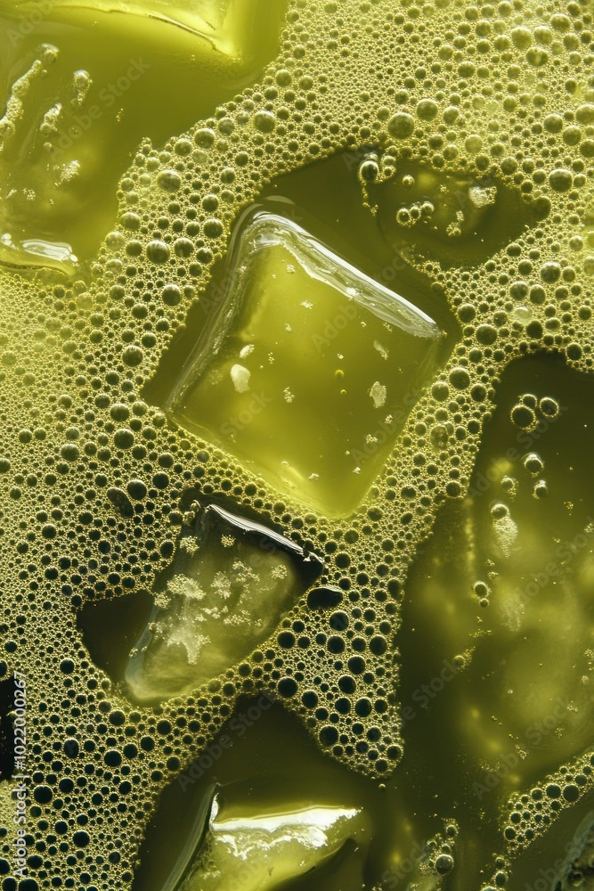 refreshing iced matcha tea, top view macro shot. close up on green ...