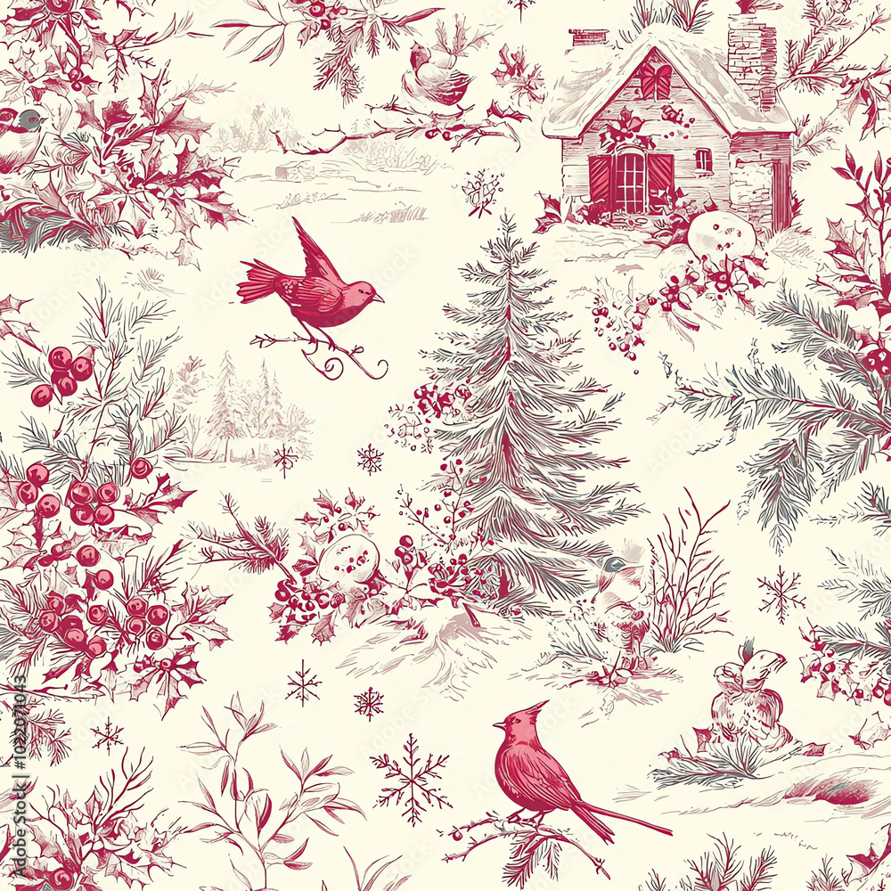 A Christmas toile pattern with a red and white color scheme Stock ...